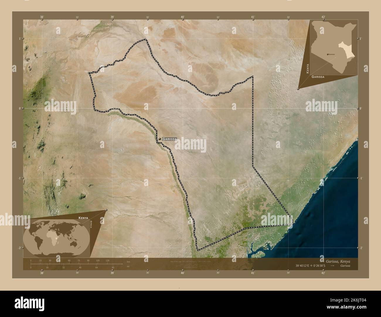 Garissa, county of Kenya. Low resolution satellite map. Locations and ...