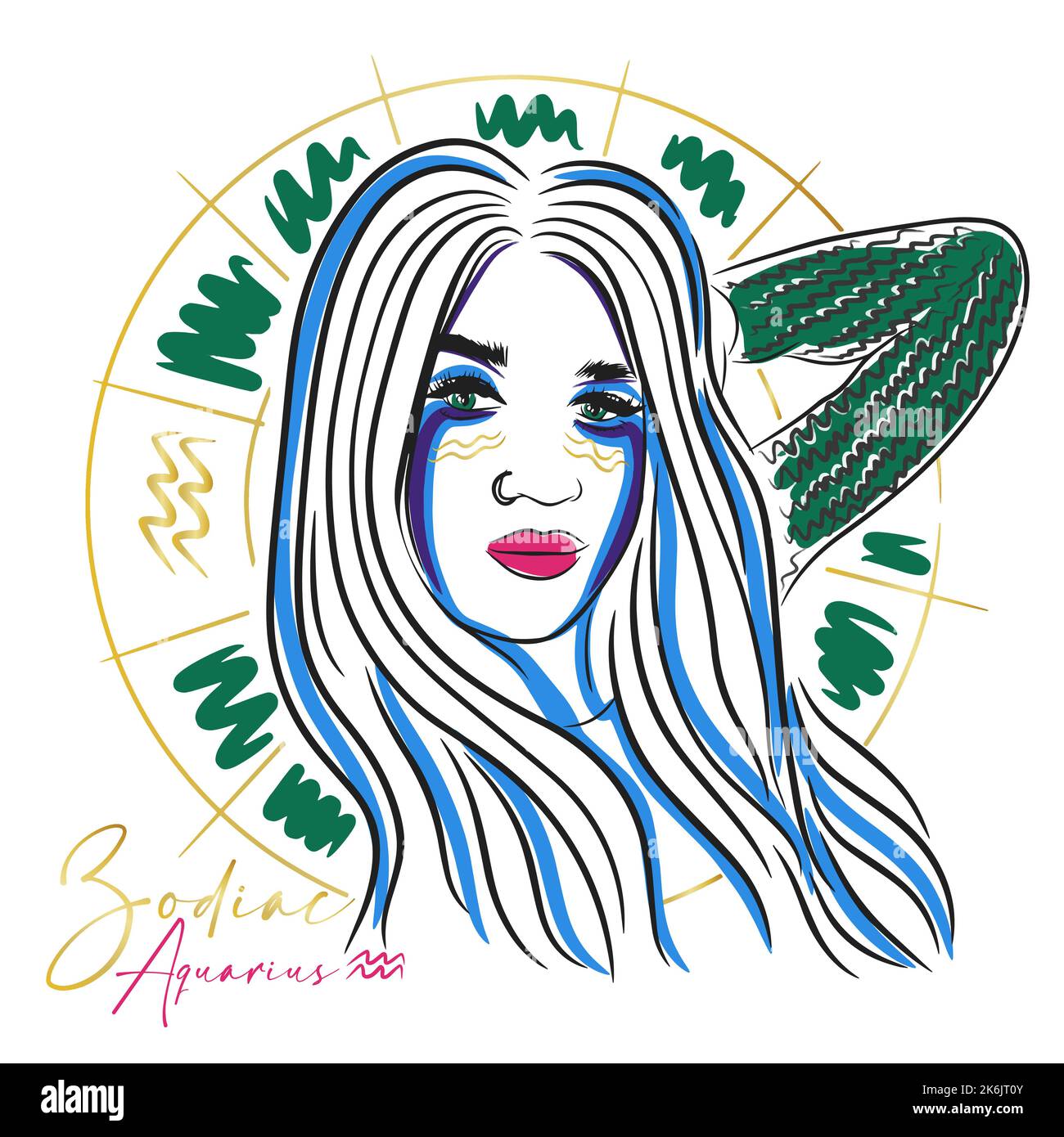 Zodiac sign, Aquarius, portrait of a beautiful girl, fashion, doodle drawing Stock Vector Image ...