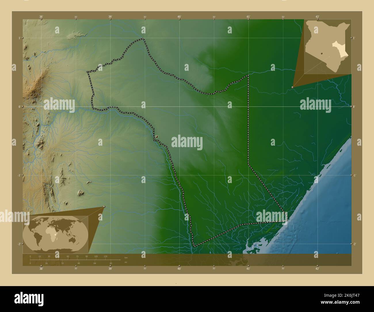Garissa, county of Kenya. Colored elevation map with lakes and rivers ...