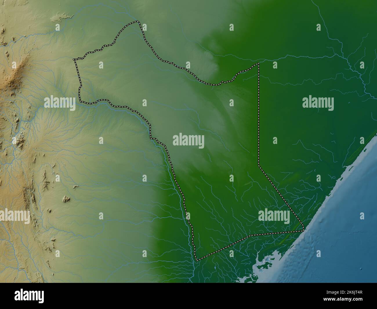Garissa, county of Kenya. Colored elevation map with lakes and rivers ...