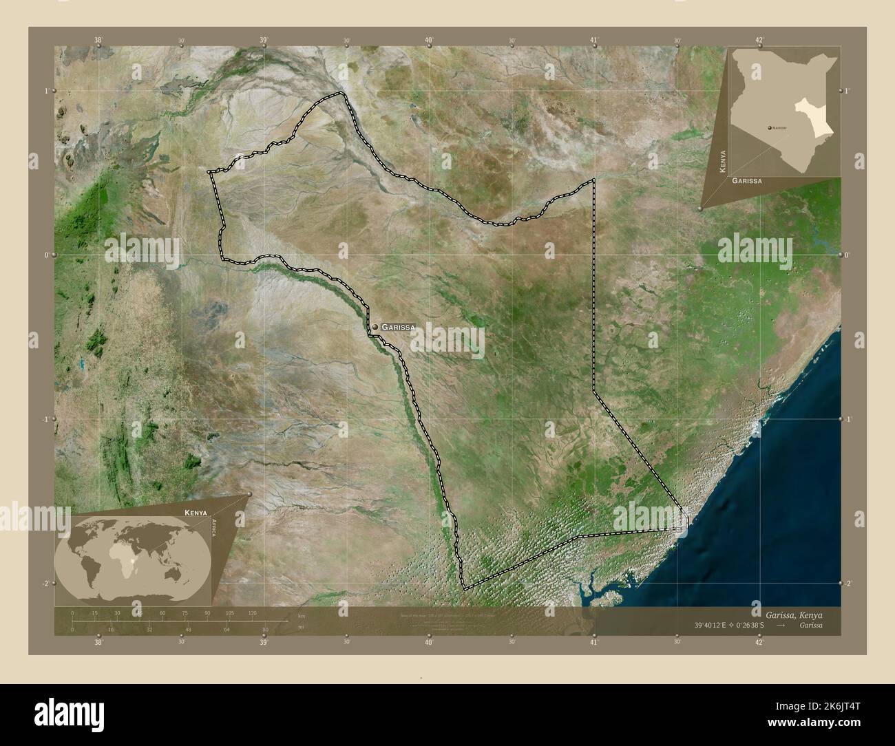 Garissa, county of Kenya. High resolution satellite map. Locations and ...