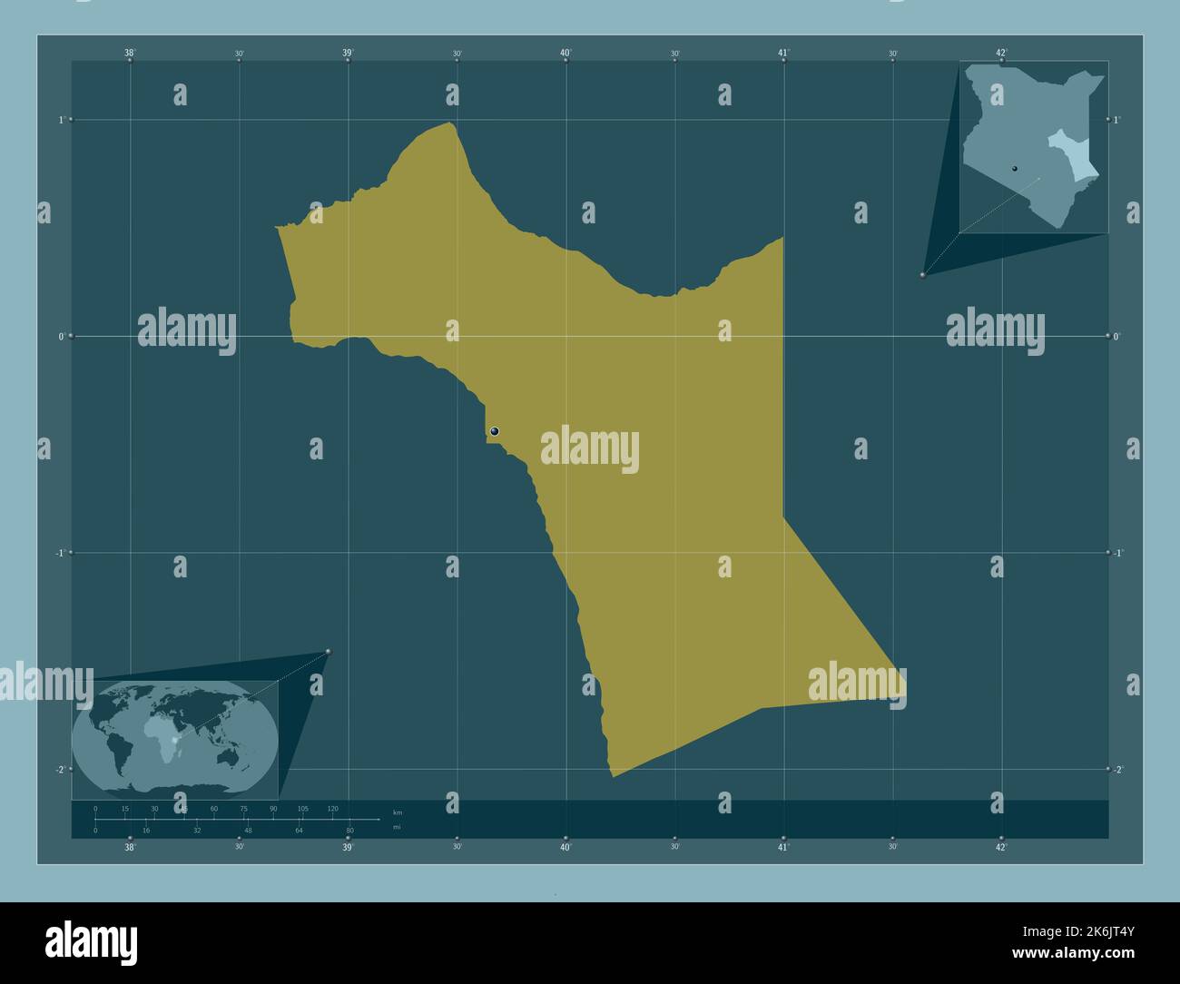 Garissa, county of Kenya. Solid color shape. Locations of major cities ...