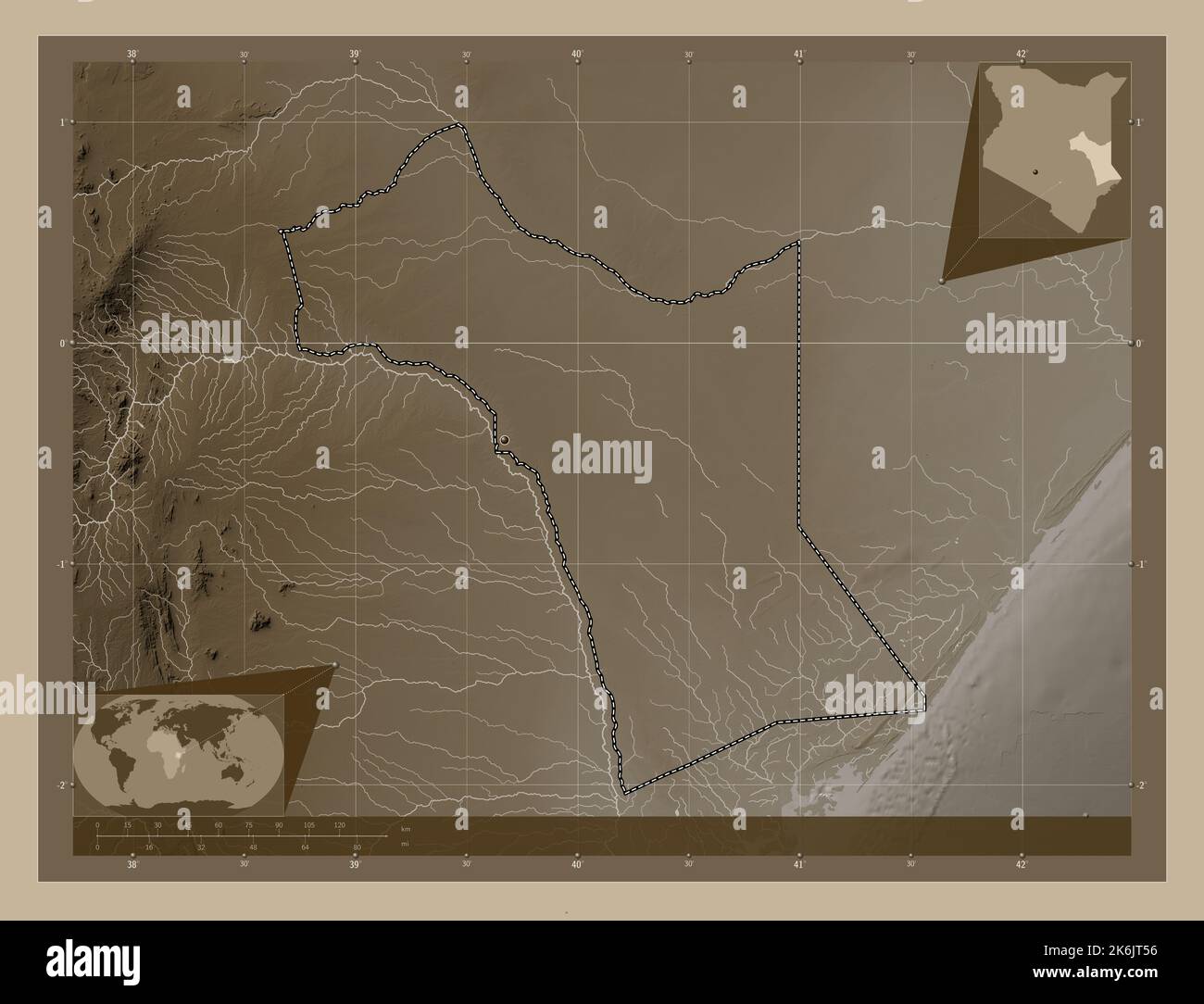 Garissa, county of Kenya. Elevation map colored in sepia tones with ...
