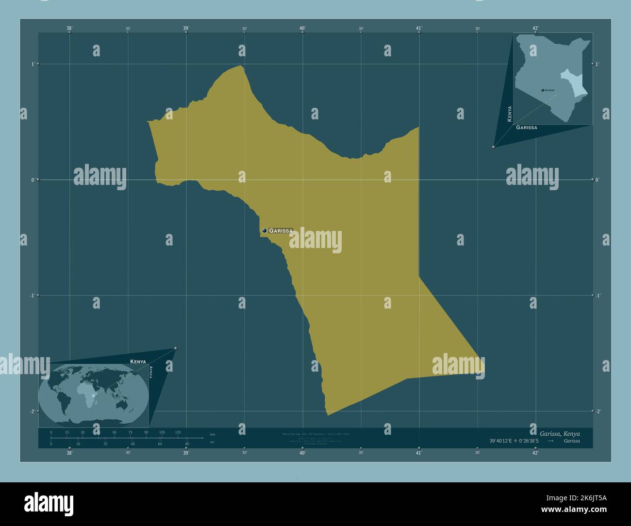 Garissa, county of Kenya. Solid color shape. Locations and names of ...