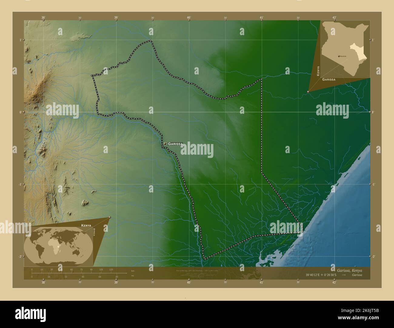 Garissa, county of Kenya. Colored elevation map with lakes and rivers ...