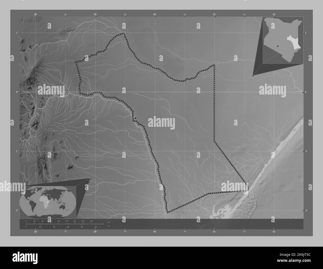 Garissa, county of Kenya. Grayscale elevation map with lakes and rivers ...