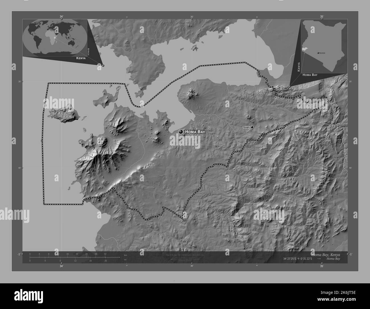 Homa Bay, county of Kenya. Bilevel elevation map with lakes and rivers ...