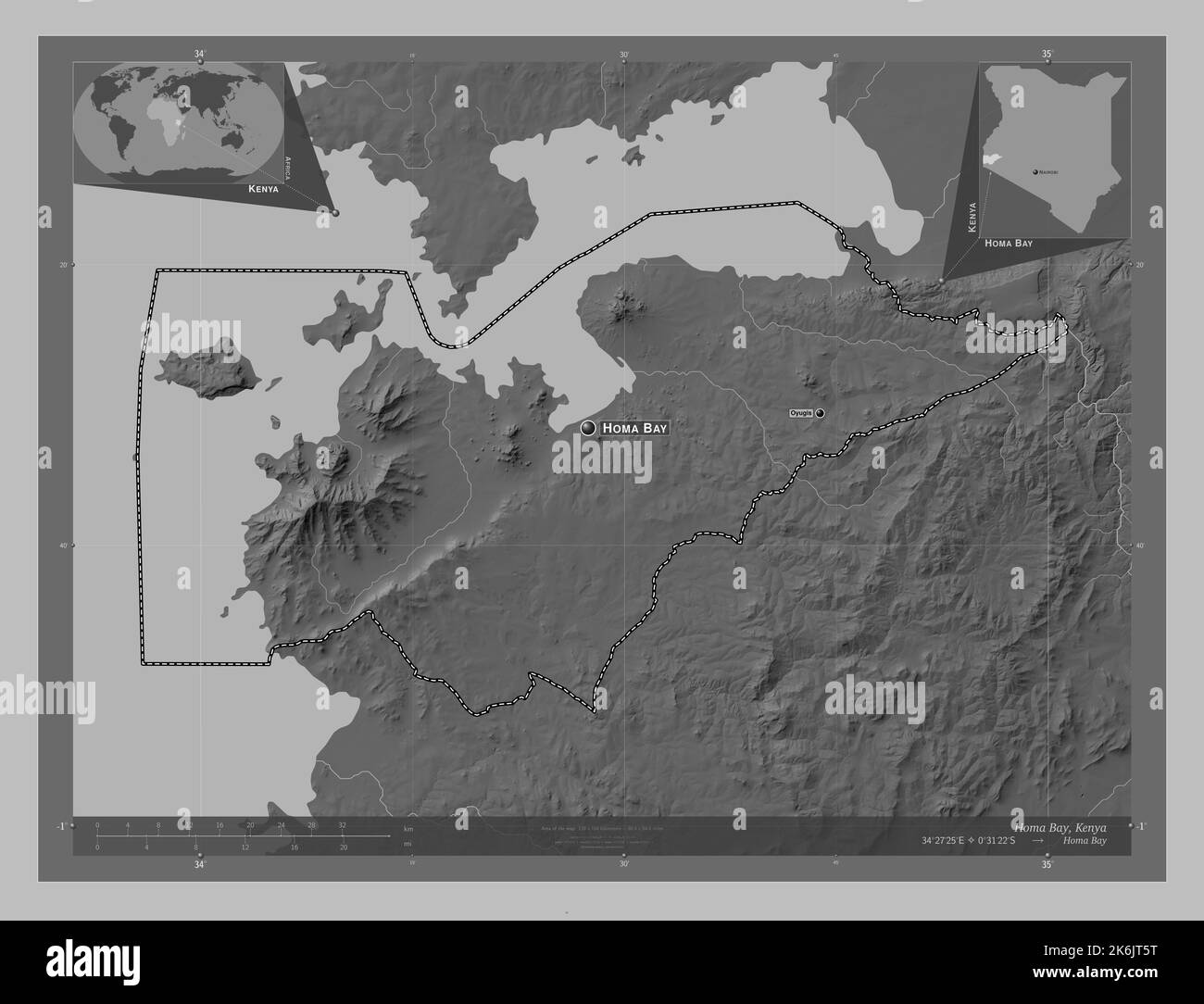 Homa Bay, county of Kenya. Grayscale elevation map with lakes and ...