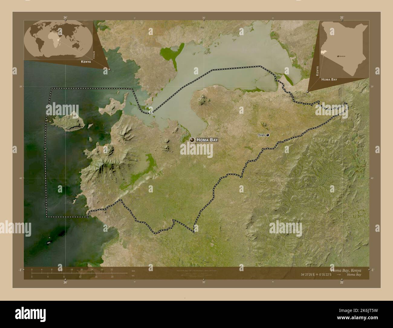 Homa Bay, county of Kenya. Low resolution satellite map. Locations and ...