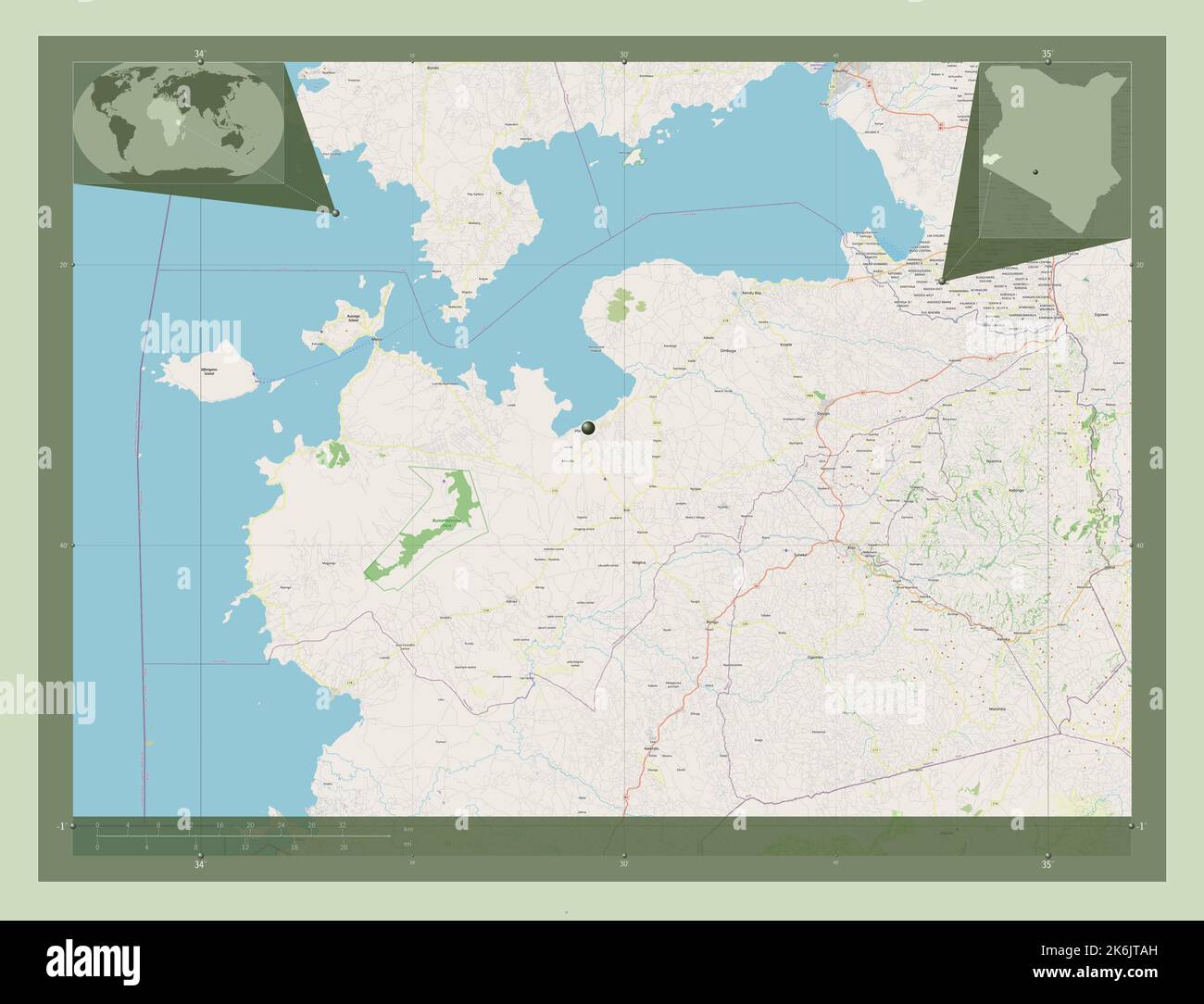 Homa Bay, county of Kenya. Open Street Map. Corner auxiliary location ...