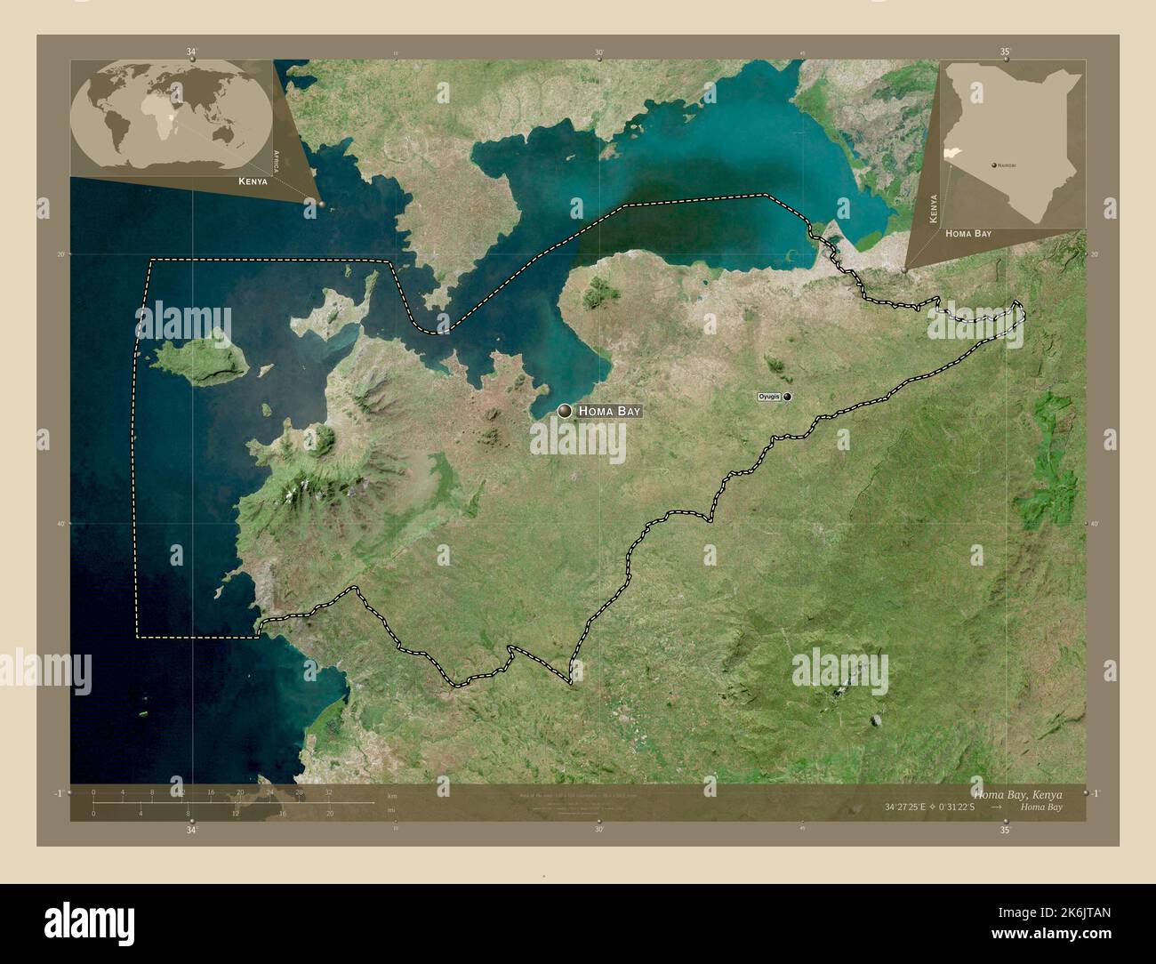 Homa Bay, county of Kenya. High resolution satellite map. Locations and ...