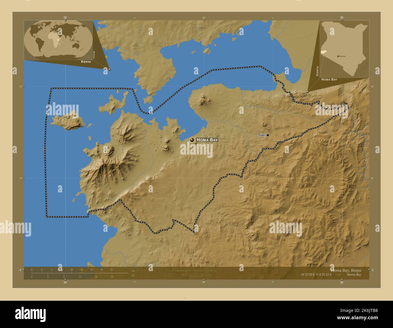 Homa Bay, county of Kenya. Colored elevation map with lakes and rivers ...