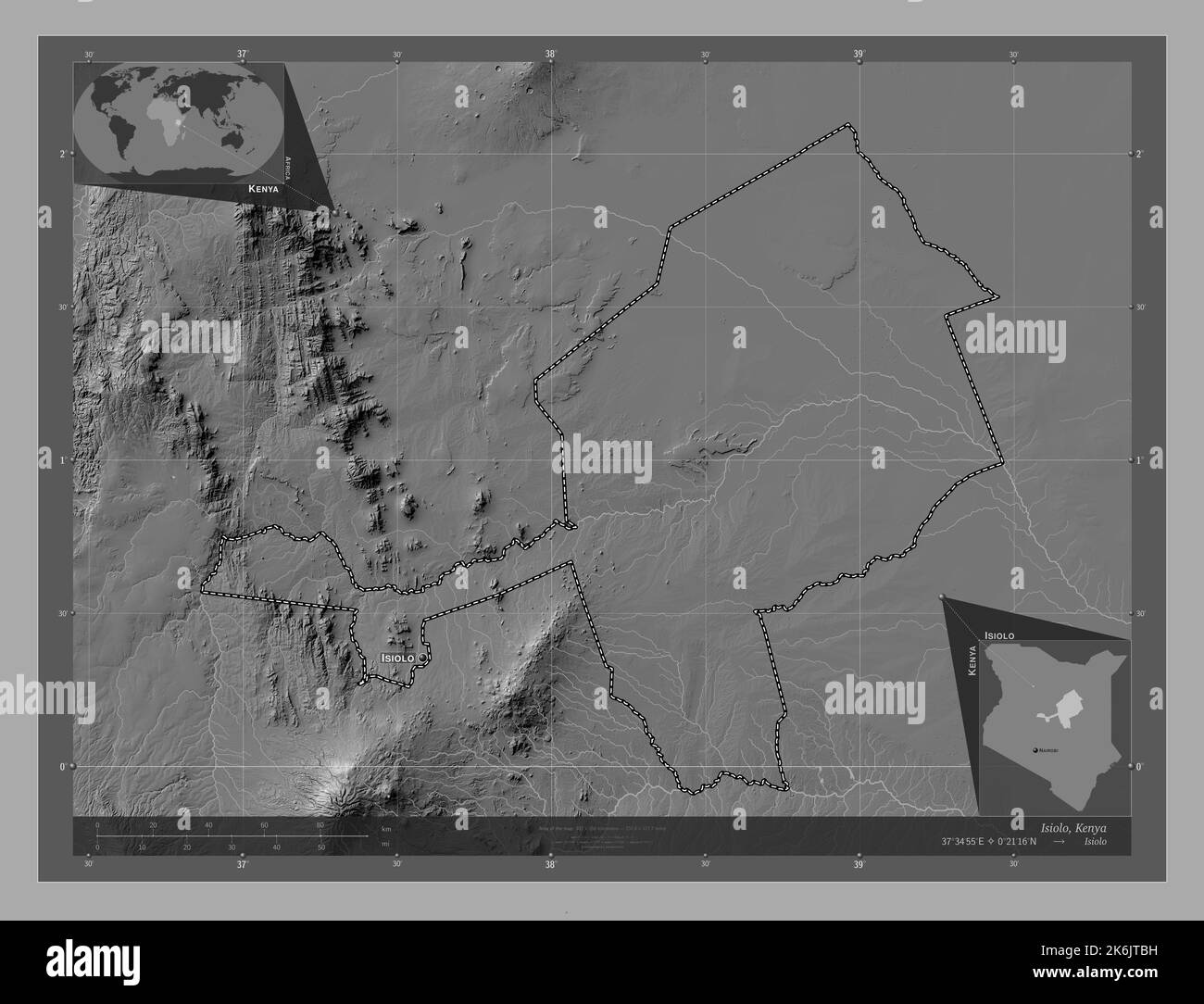 Isiolo, county of Kenya. Bilevel elevation map with lakes and rivers ...