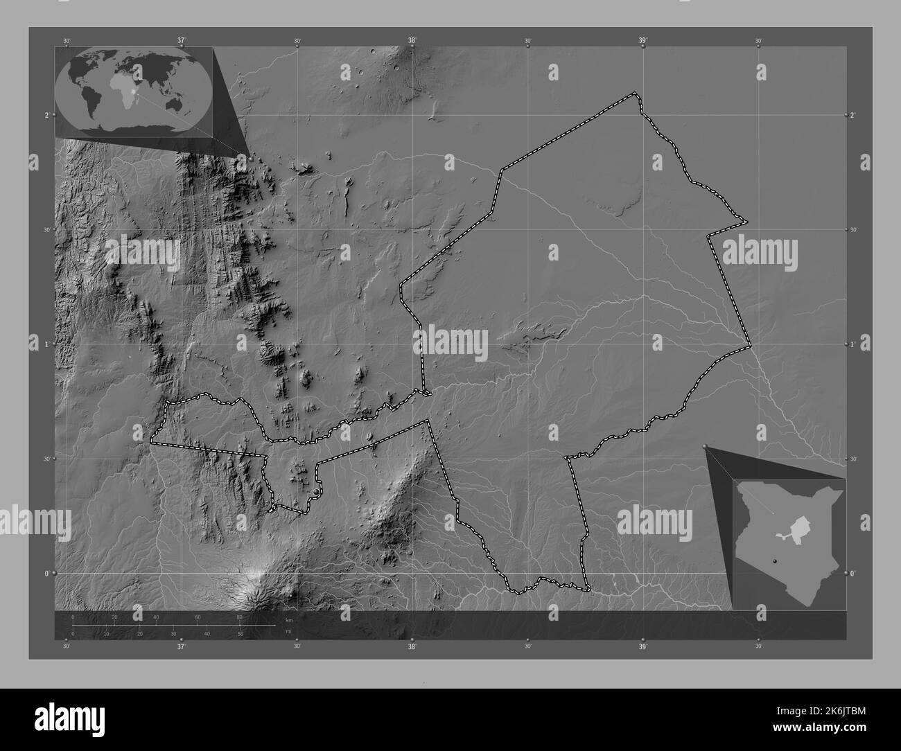Isiolo, county of Kenya. Bilevel elevation map with lakes and rivers ...