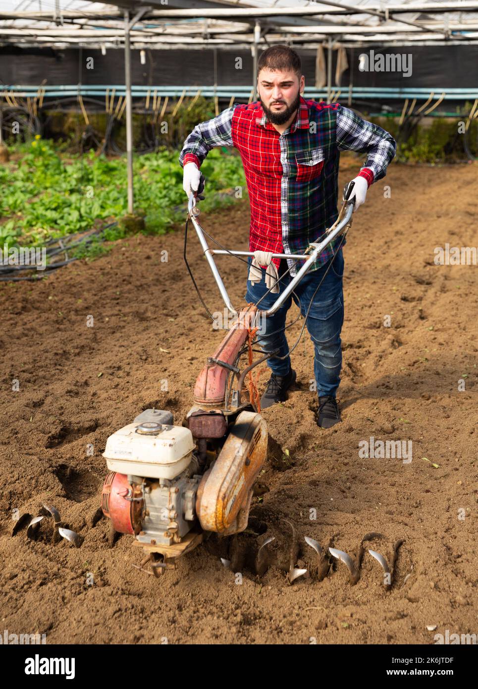 Man plowing ground with cultivator Stock Photo - Alamy