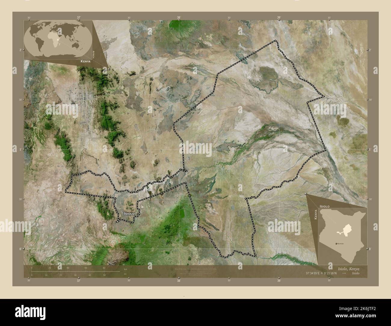 Isiolo, county of Kenya. High resolution satellite map. Locations and ...