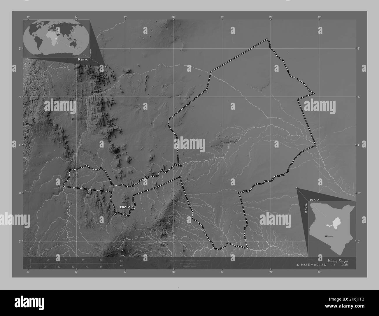 Isiolo, county of Kenya. Grayscale elevation map with lakes and rivers ...