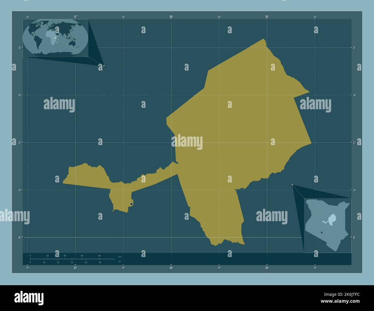Isiolo, county of Kenya. Solid color shape. Corner auxiliary location ...