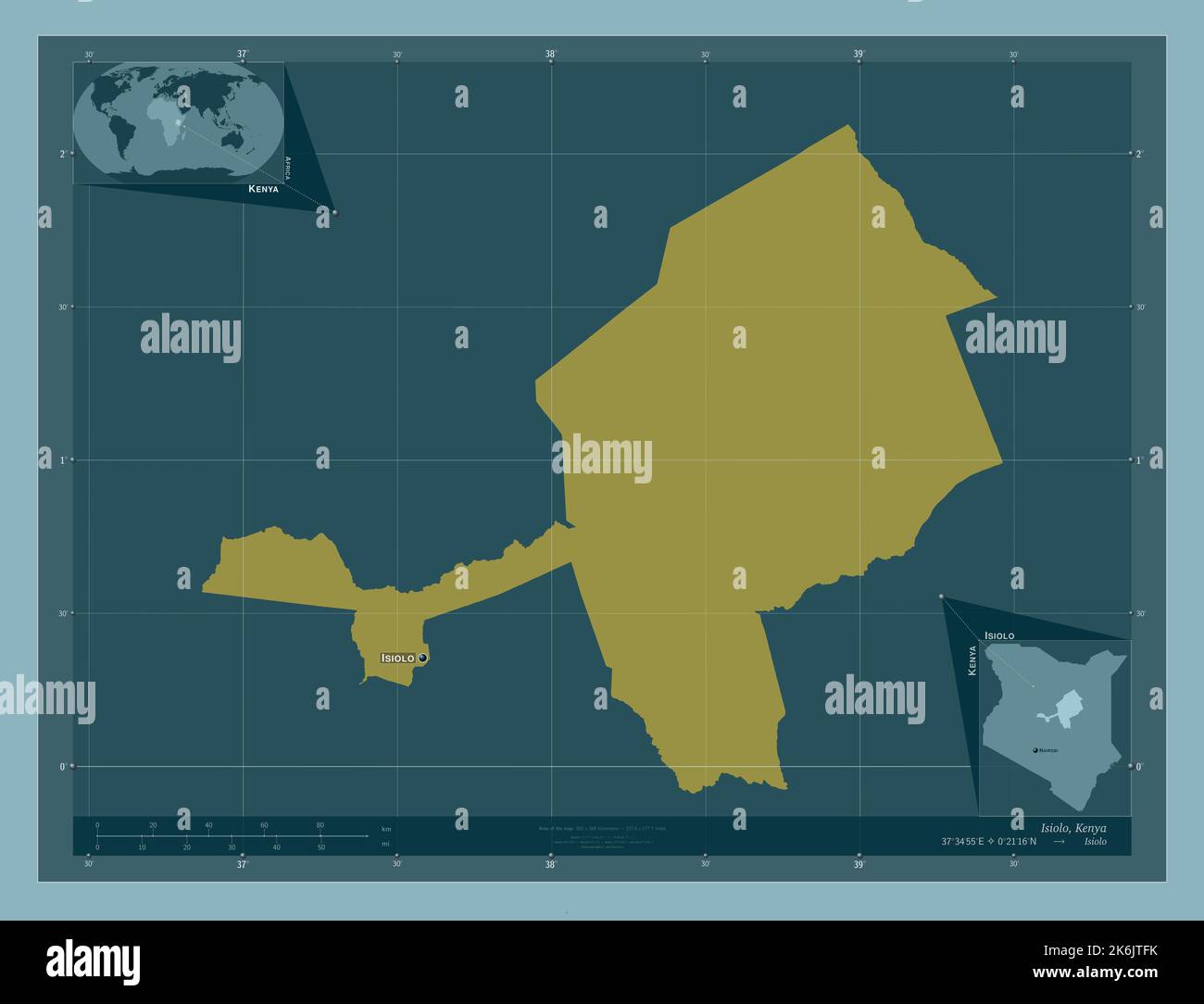 Isiolo, county of Kenya. Solid color shape. Locations and names of ...