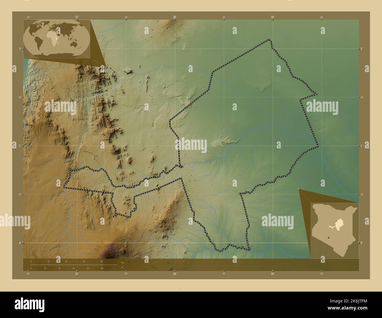 Isiolo, county of Kenya. Colored elevation map with lakes and rivers ...