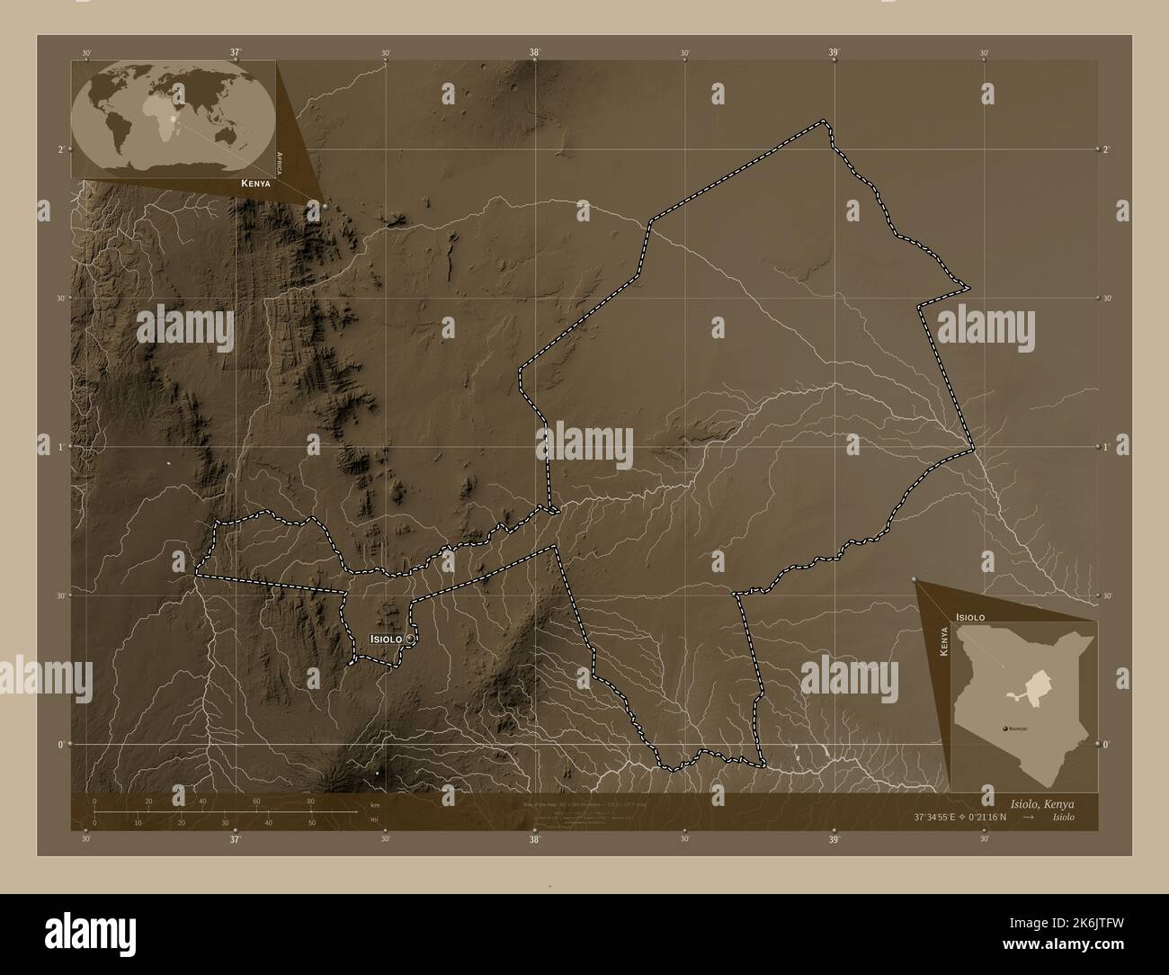 Isiolo, county of Kenya. Elevation map colored in sepia tones with ...