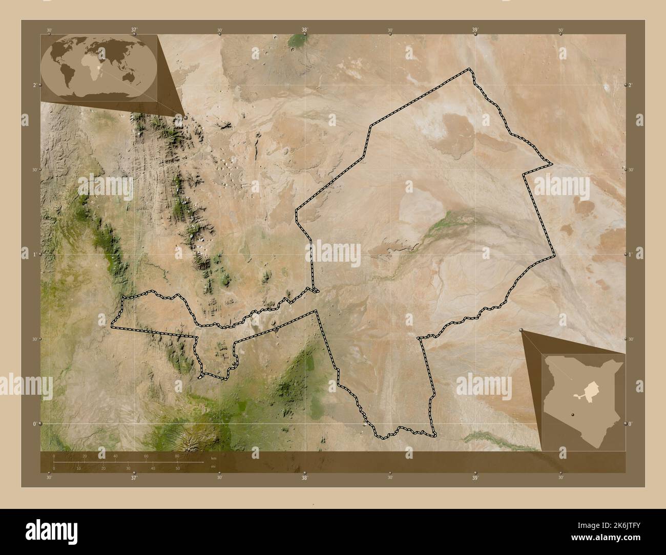 Isiolo, county of Kenya. Low resolution satellite map. Corner auxiliary ...