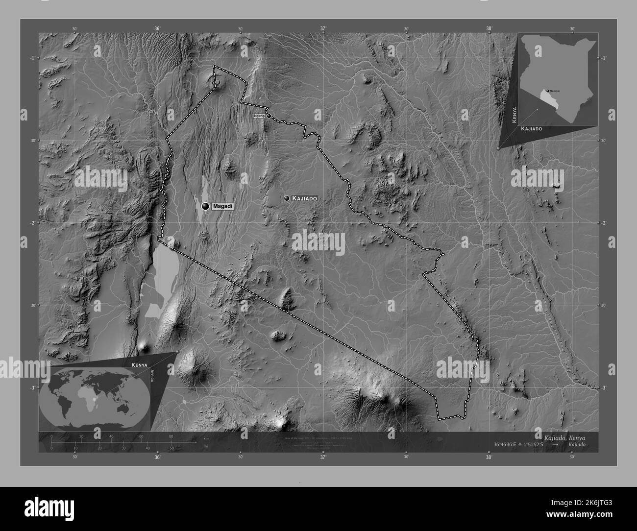Kajiado, county of Kenya. Bilevel elevation map with lakes and rivers ...
