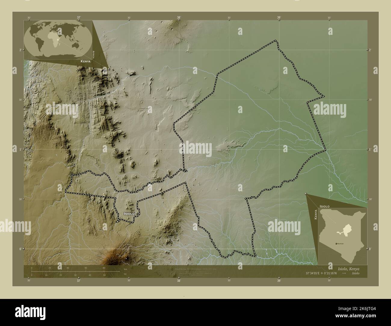 Isiolo, county of Kenya. Elevation map colored in wiki style with lakes ...