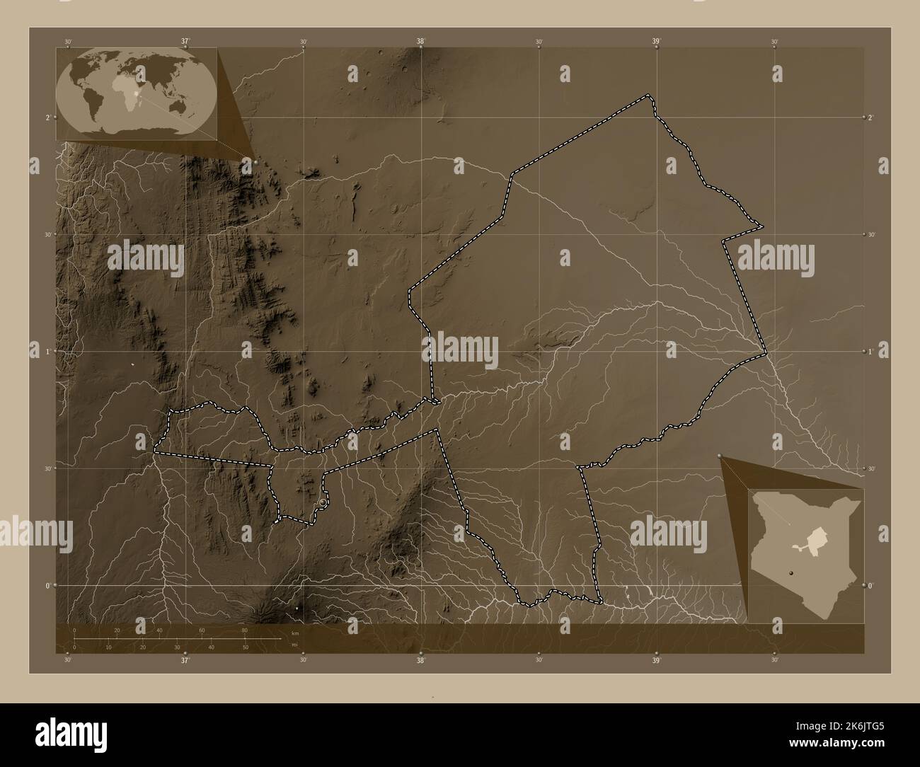 Isiolo, county of Kenya. Elevation map colored in sepia tones with ...