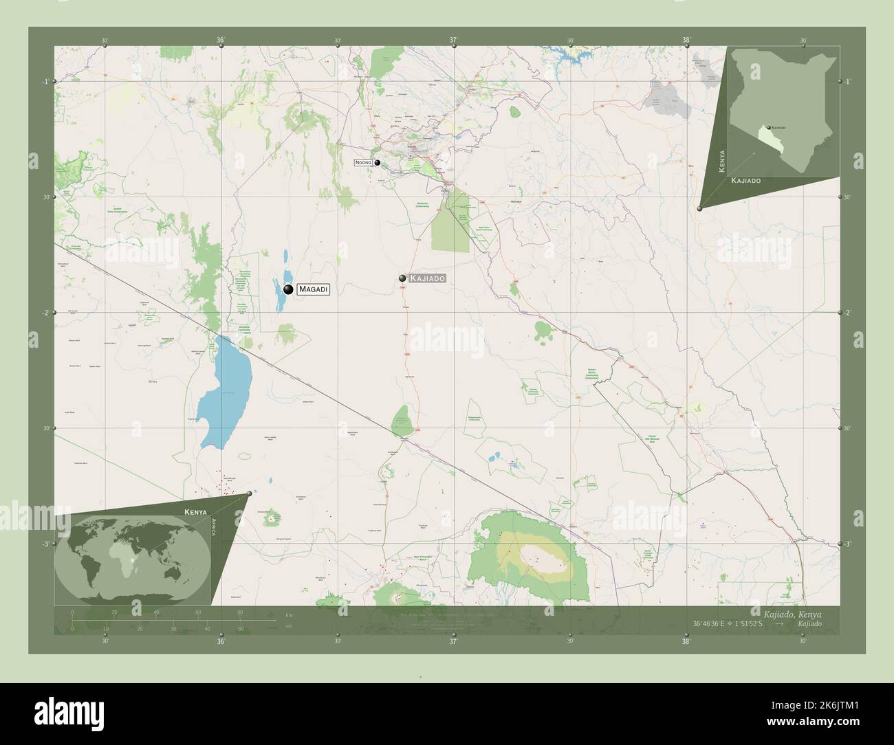 Kajiado, county of Kenya. Open Street Map. Locations and names of major ...