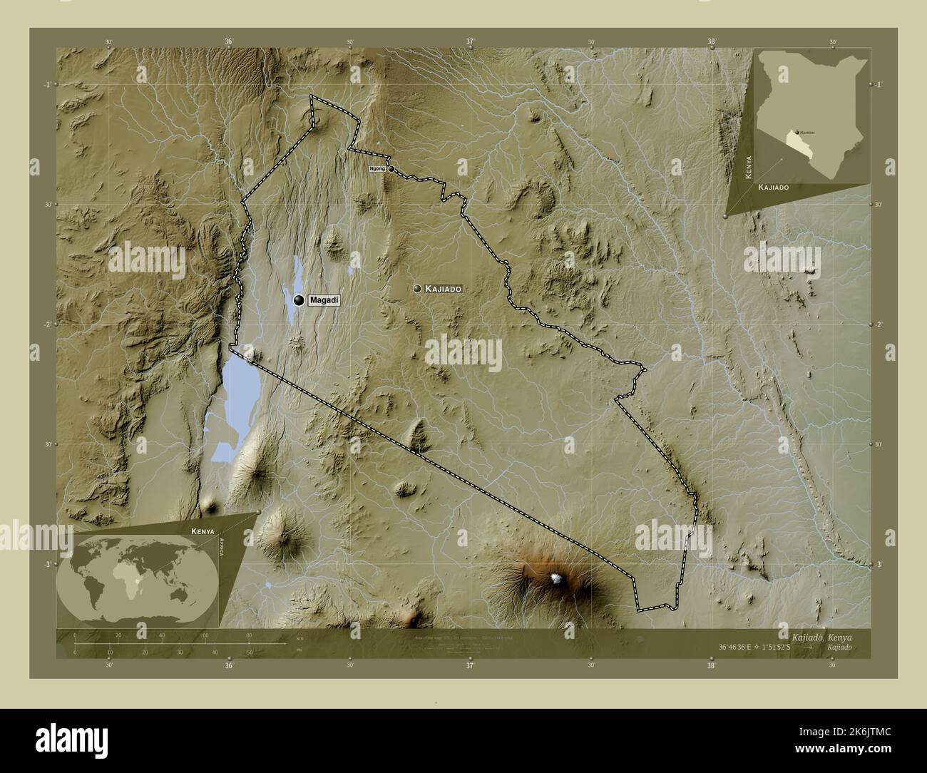 Kajiado, county of Kenya. Elevation map colored in wiki style with ...