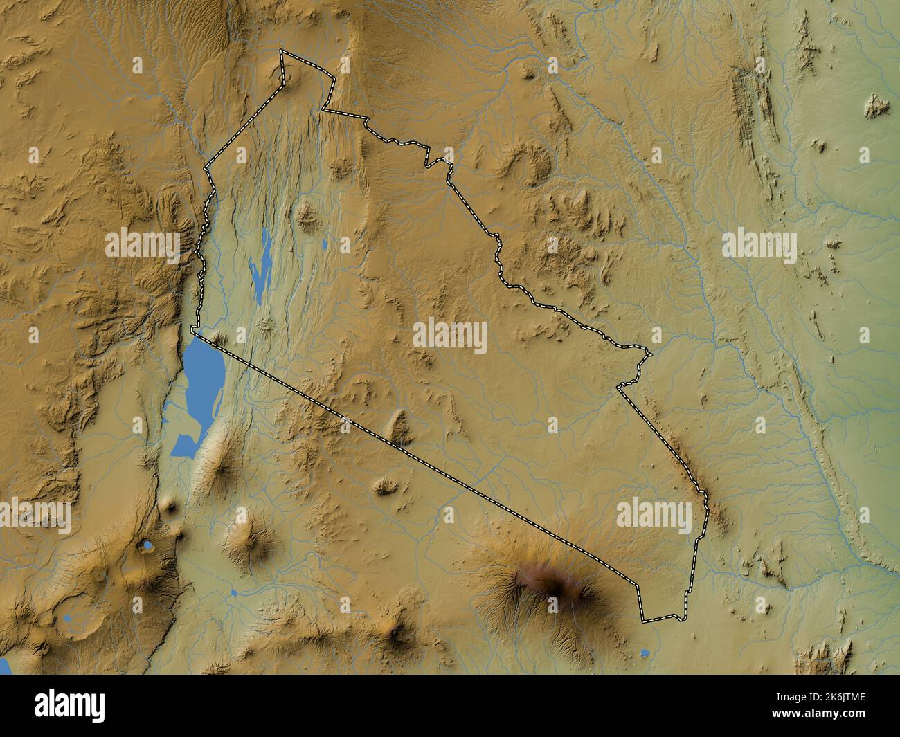 Kajiado, county of Kenya. Colored elevation map with lakes and rivers ...