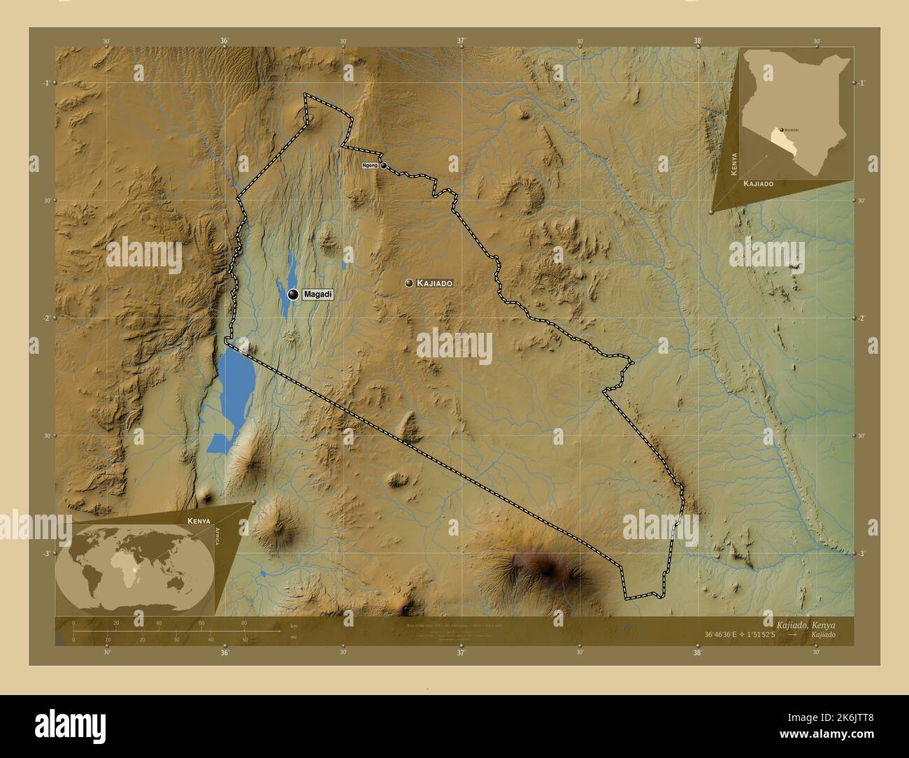 Kajiado, county of Kenya. Colored elevation map with lakes and rivers ...