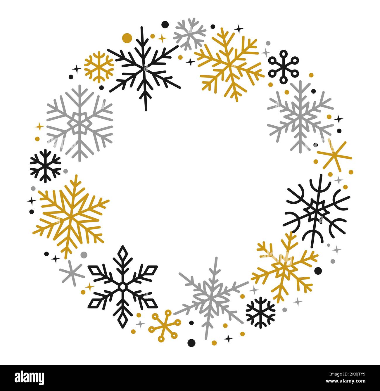 Snowflake black gold silver round banner. Copy space snow flakes frame ...