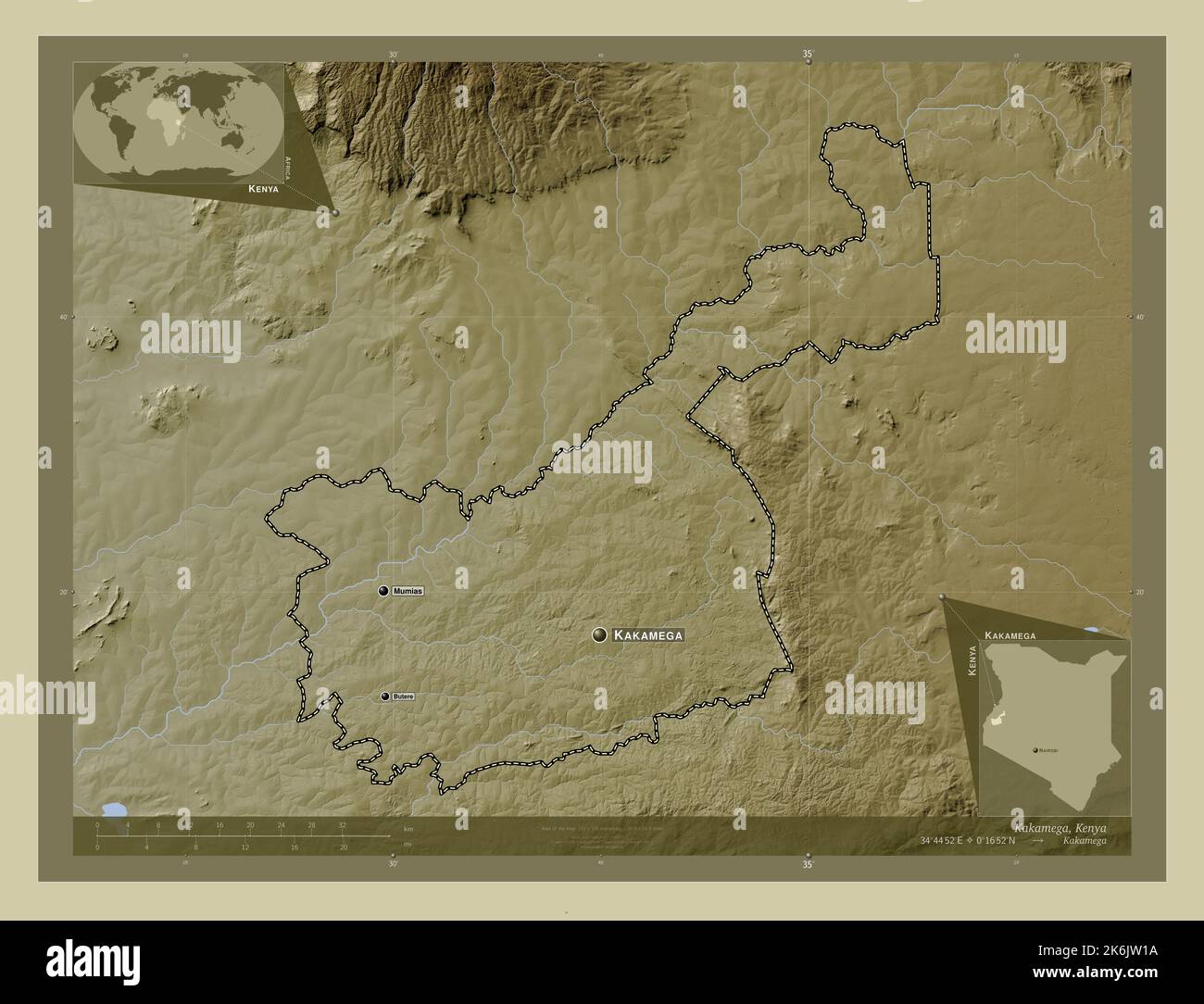 Kakamega, county of Kenya. Elevation map colored in wiki style with ...