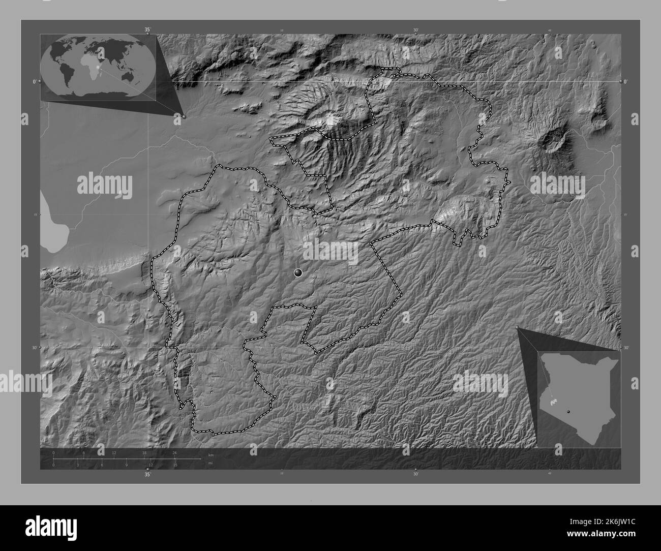 Kericho, county of Kenya. Bilevel elevation map with lakes and rivers ...