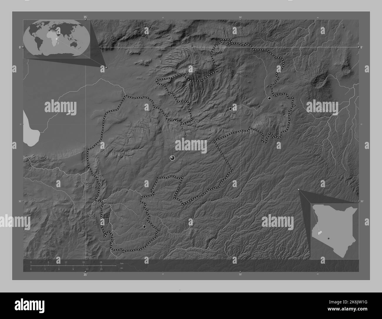 Kericho, county of Kenya. Grayscale elevation map with lakes and rivers ...