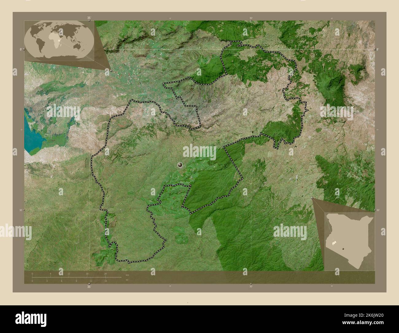 Kericho, county of Kenya. High resolution satellite map. Corner ...