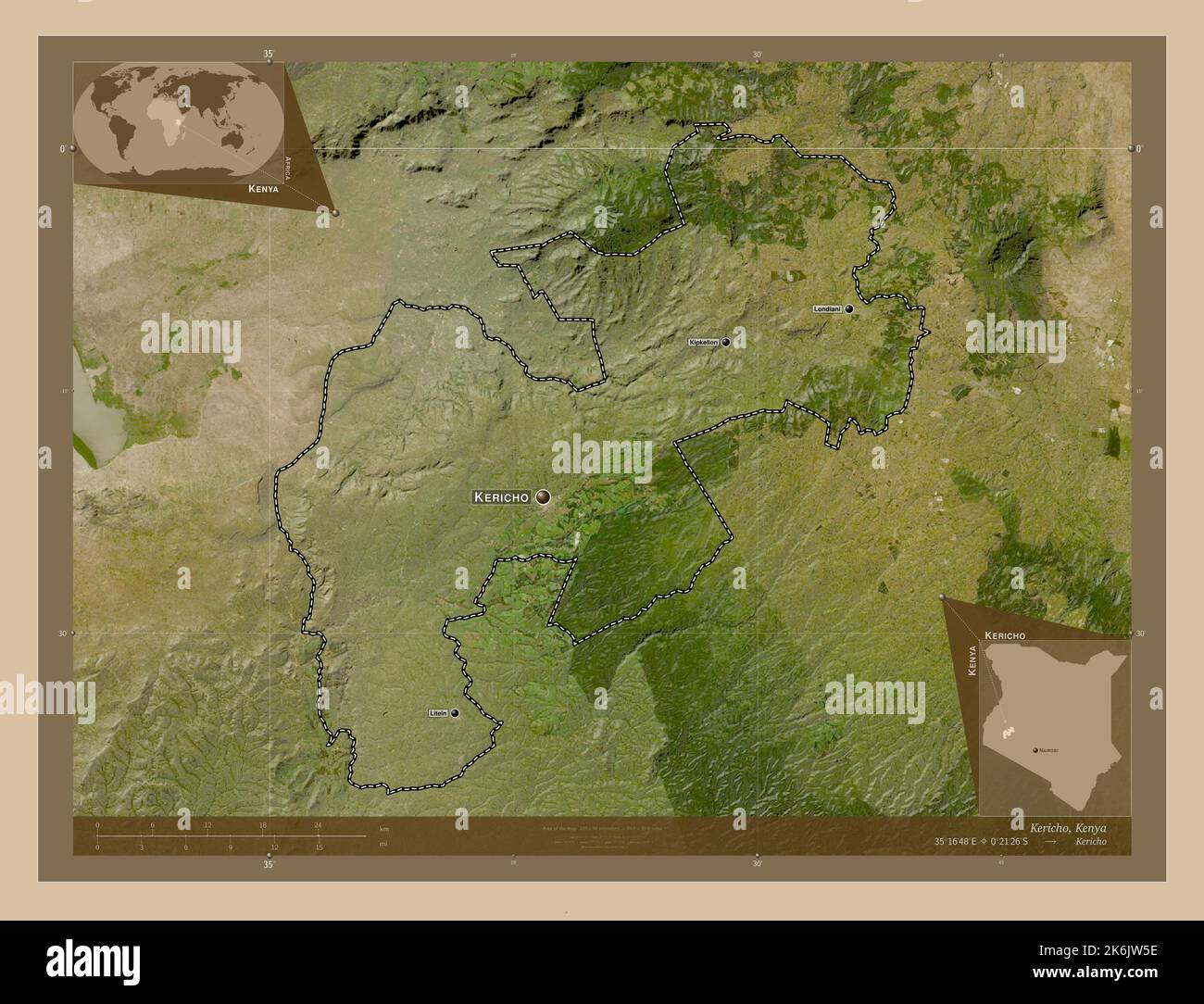 Kericho, county of Kenya. Low resolution satellite map. Locations and ...
