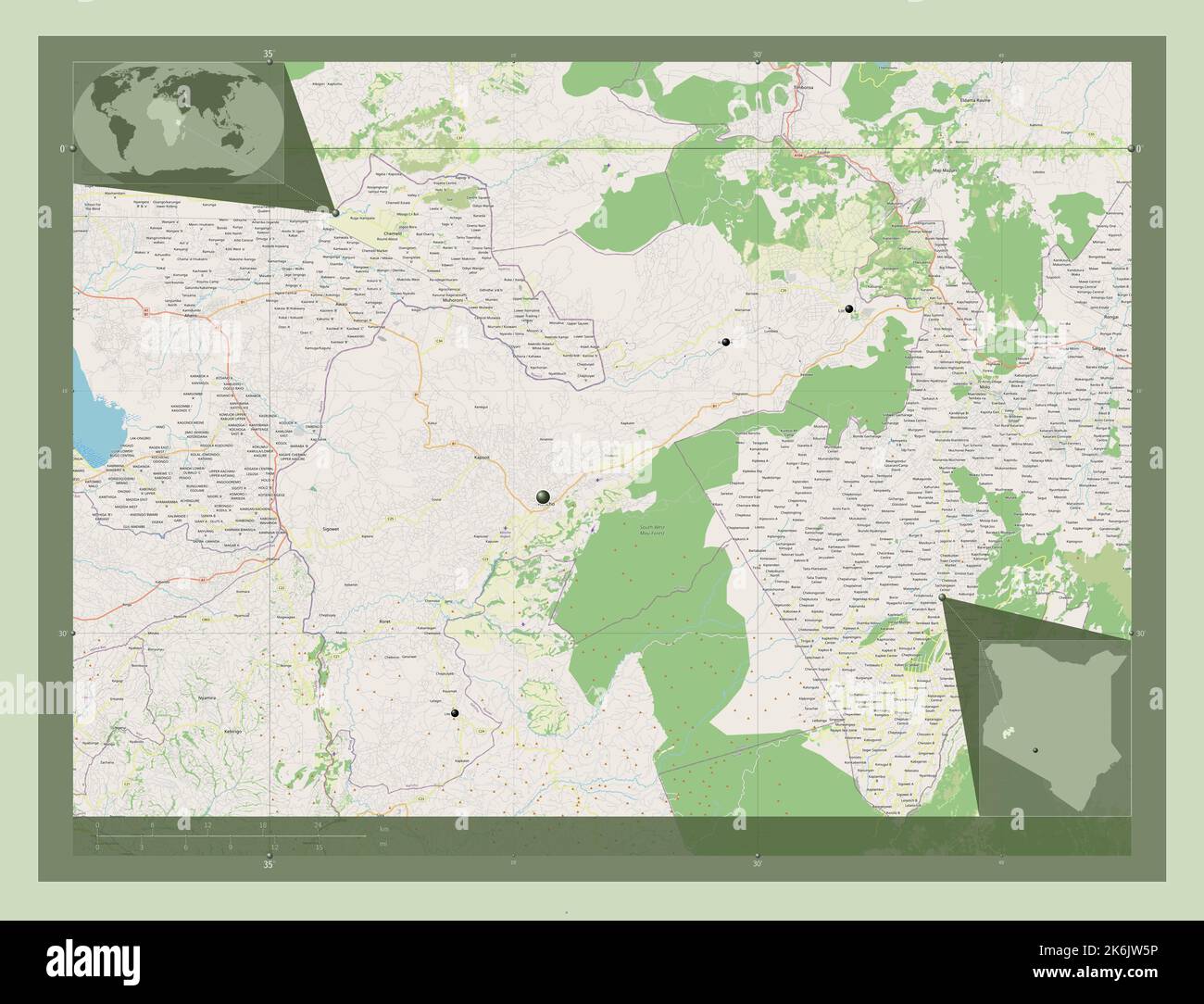 Kericho, county of Kenya. Open Street Map. Locations of major cities of ...