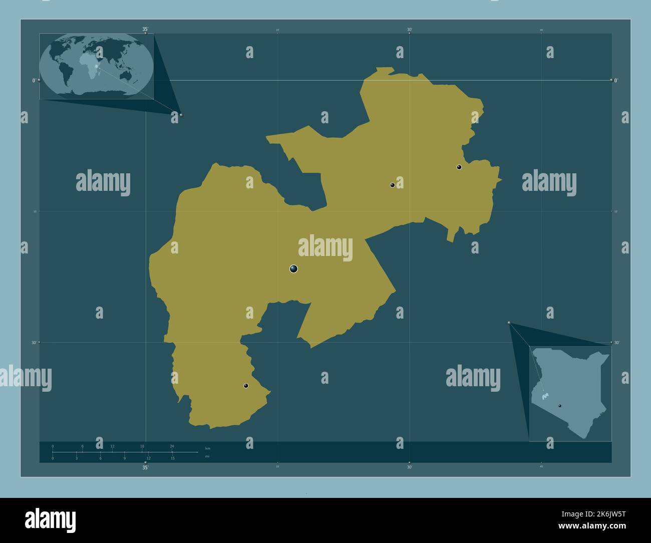 Kericho, county of Kenya. Solid color shape. Locations of major cities ...