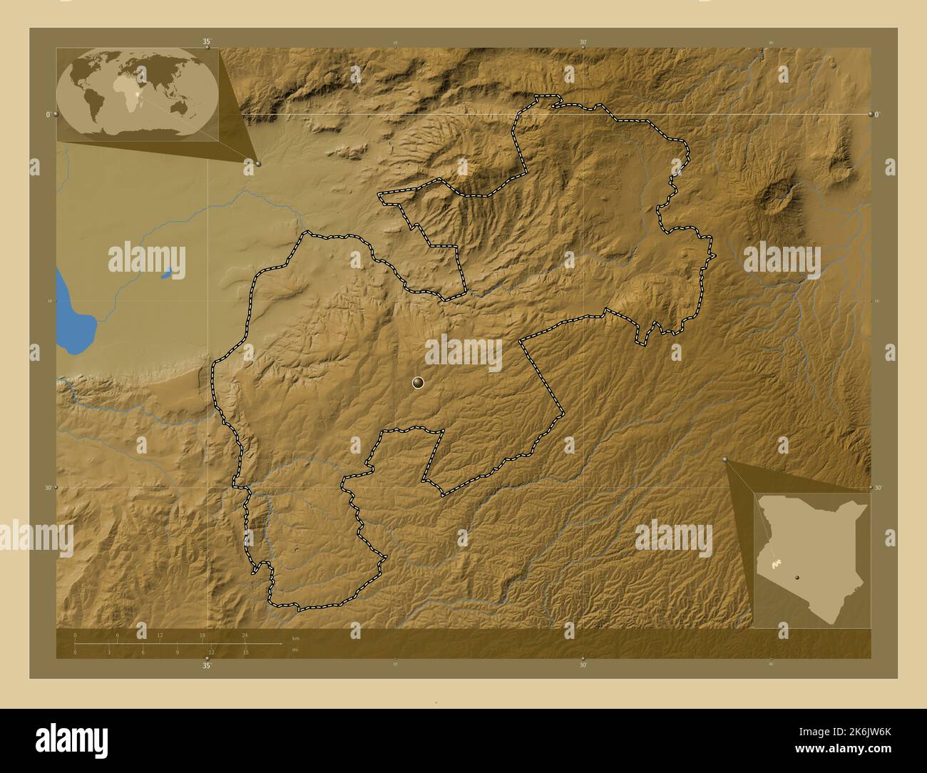 Kericho, county of Kenya. Colored elevation map with lakes and rivers ...