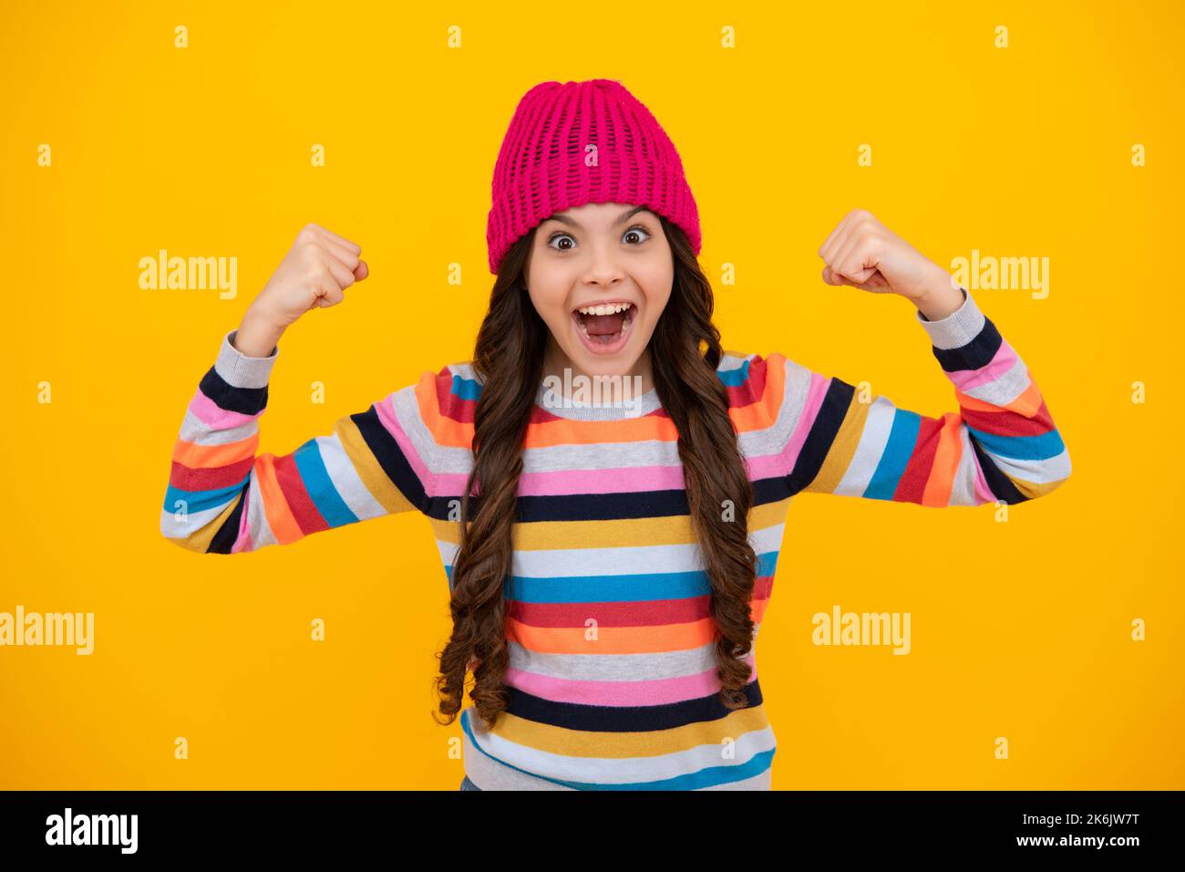 Amazed teenager. Beautiful winter kids portrait. Teenager girl posing ...