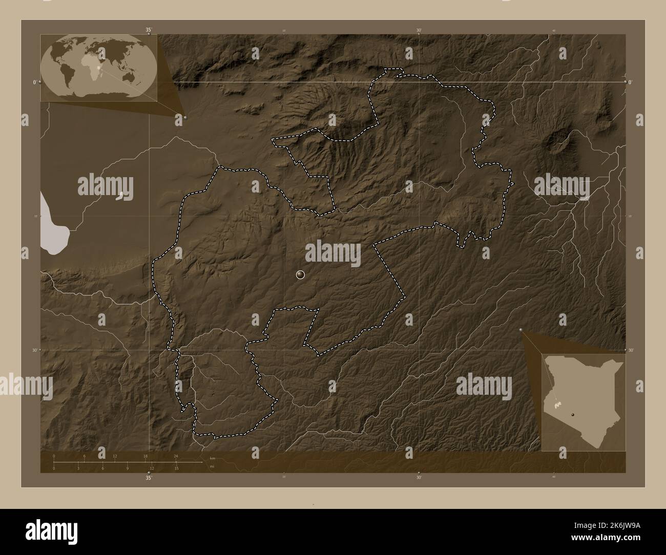 Kericho, county of Kenya. Elevation map colored in sepia tones with ...