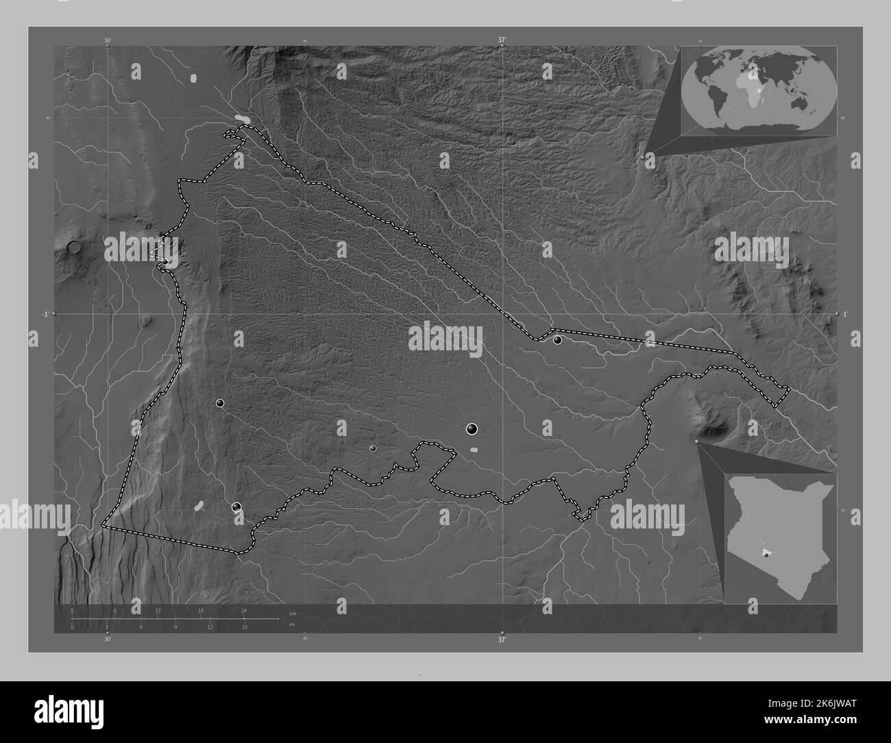 Kiambu, county of Kenya. Grayscale elevation map with lakes and rivers ...