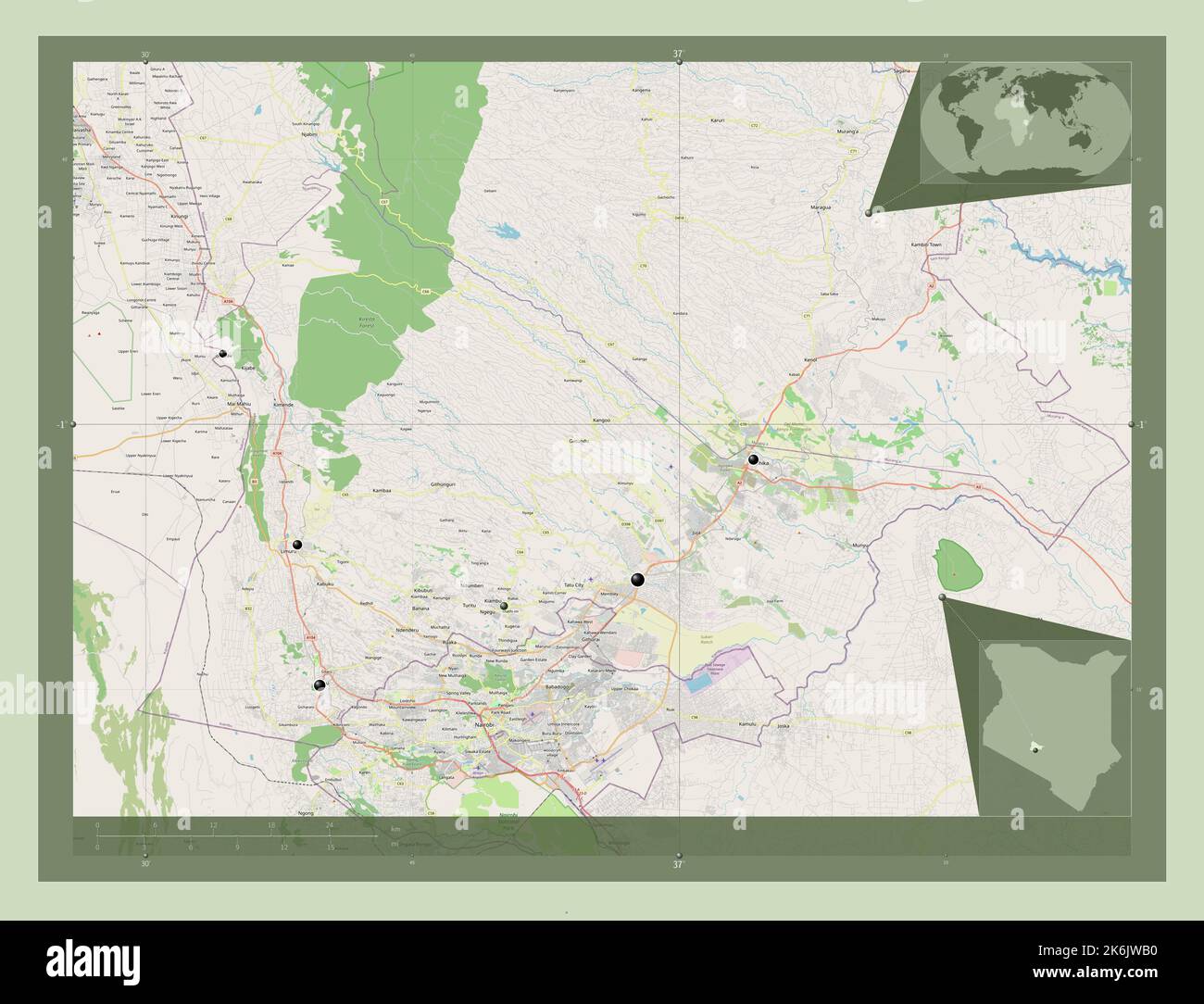 Kiambu, county of Kenya. Open Street Map. Locations of major cities of ...