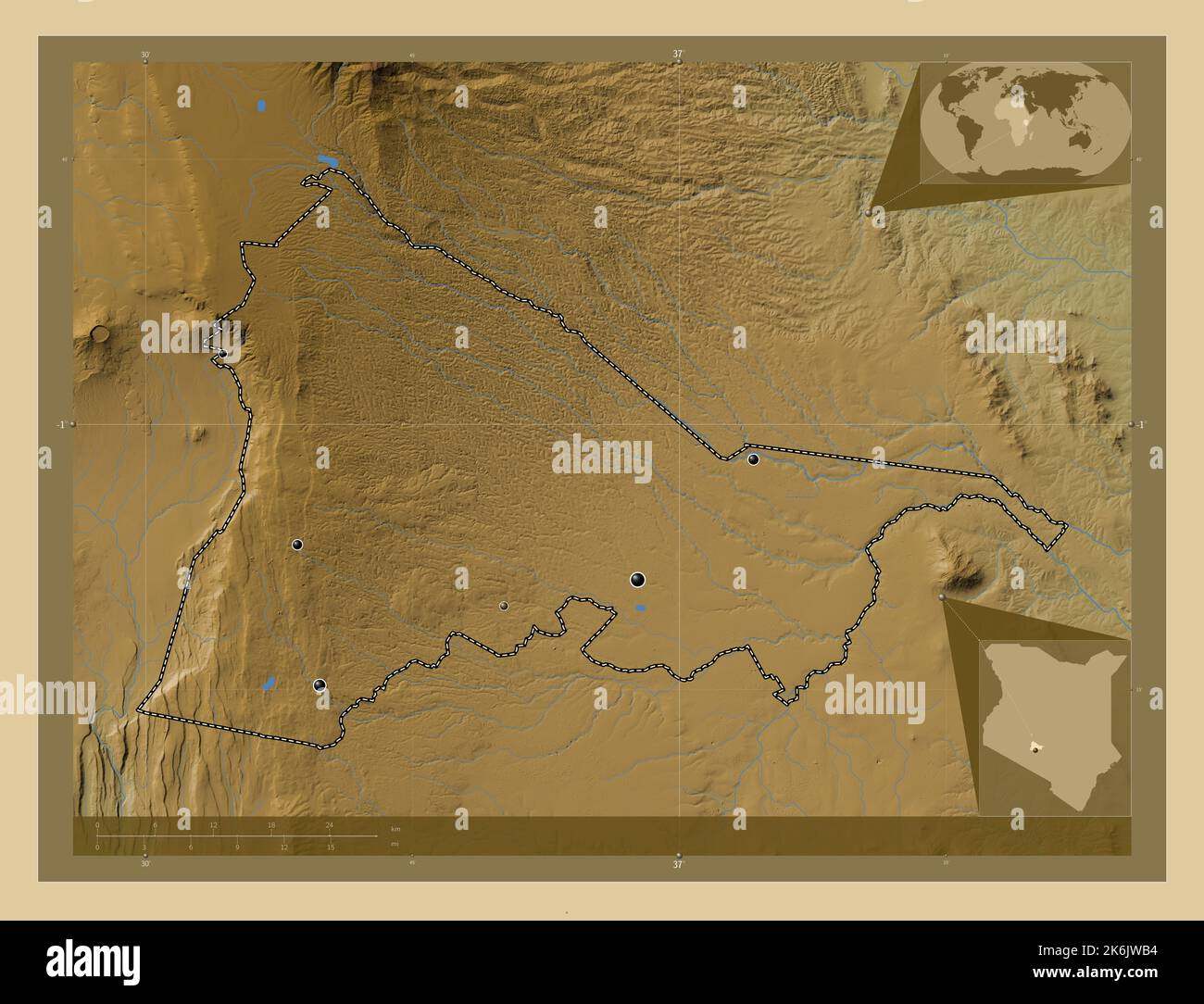 Kiambu, county of Kenya. Colored elevation map with lakes and rivers ...