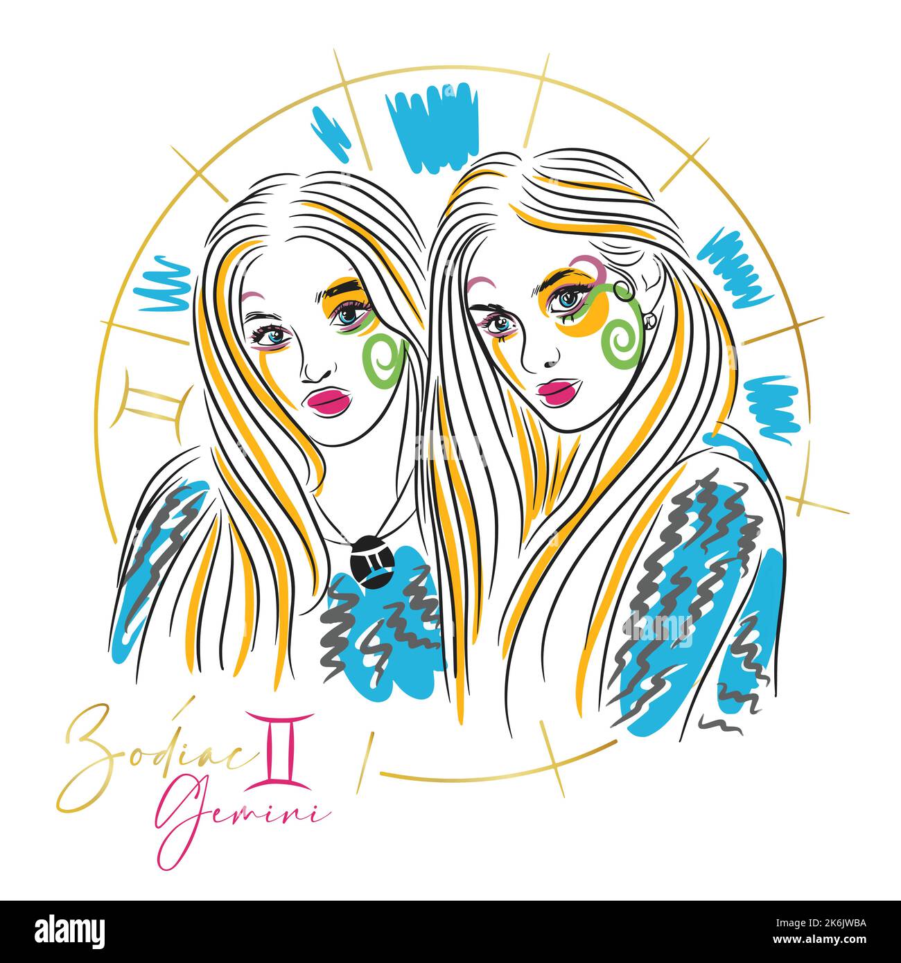 Girls with bright makeup, Zodiac sign, Gemini, fashion doodle Stock ...