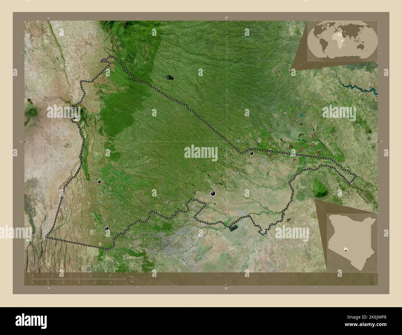 Kiambu, county of Kenya. High resolution satellite map. Locations of ...