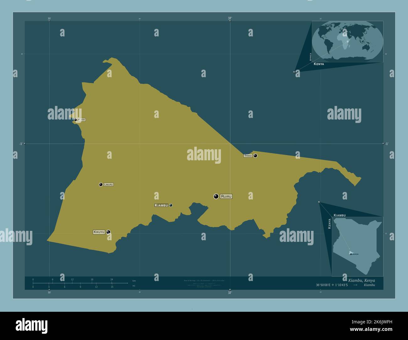 Kiambu, county of Kenya. Solid color shape. Locations and names of ...